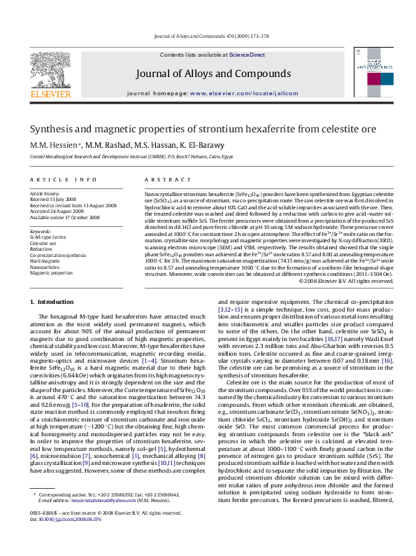 (PDF) Synthesis and magnetic properties of strontium hexaferrite from ...
