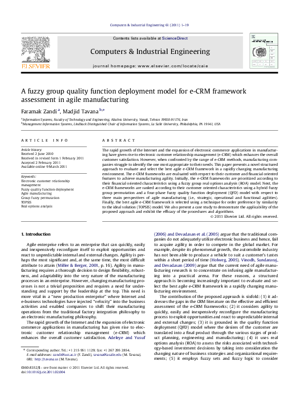 Pdf A Fuzzy Group Quality Function Deployment Model For E Crm Framework Assessment In Agile 