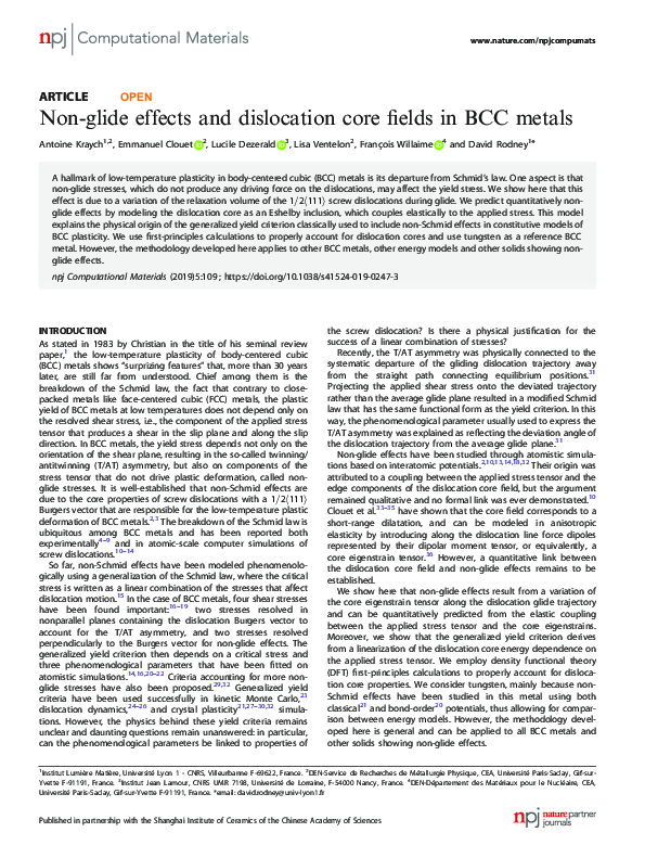 (PDF) Non-glide effects and dislocation core fields in BCC metals