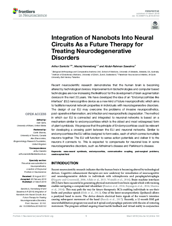 (PDF) Integration of Nanobots Into Neural Circuits As a Future Therapy for Treating ...
