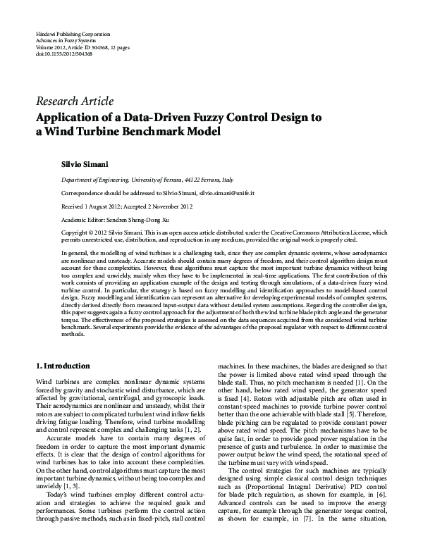(PDF) Application of a Data-Driven Fuzzy Control Design to a Wind Turbine Benchmark Model