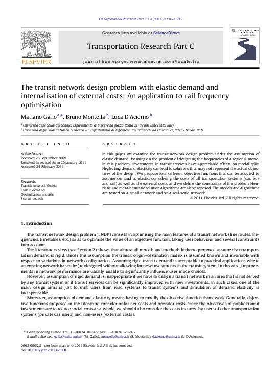Pdf The Transit Network Design Problem With Elastic Demand And Internalisation Of External 