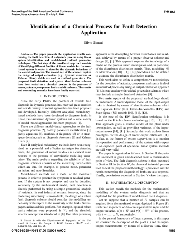 (PDF) Identification of a chemical process for fault detection application