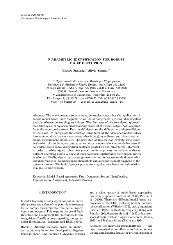 (PDF) Parametric identification for robust fault detection