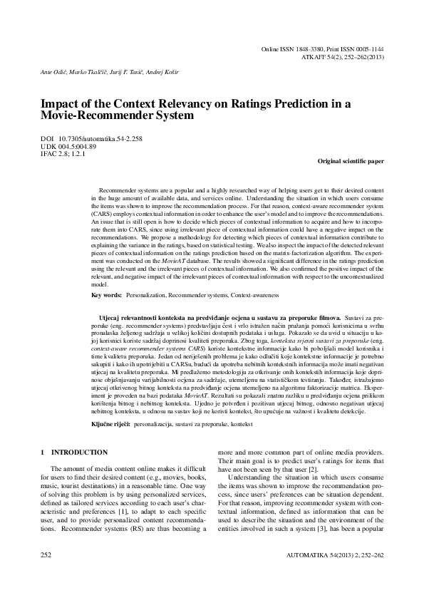 (PDF) Impact of the Context Relevancy on Ratings Prediction in a Movie-Recommender System