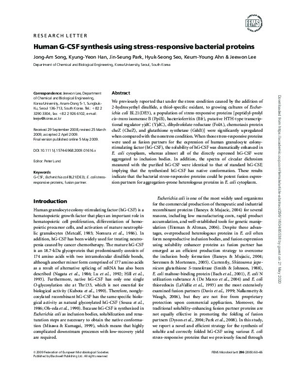 (PDF) Human G-CSF synthesis using stress-responsive bacterial proteins