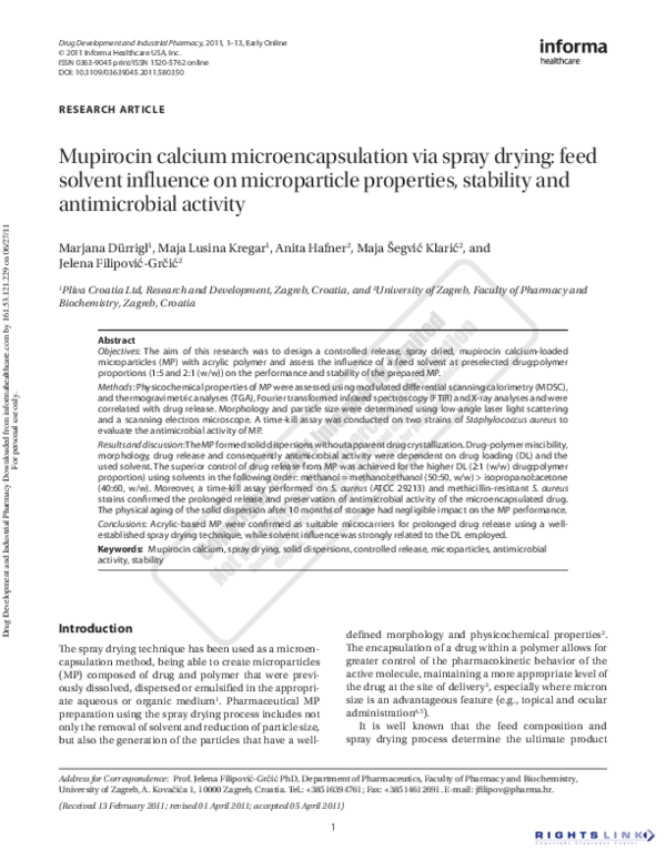 (PDF) Mupirocin calcium microencapsulation via spray drying: feed ...