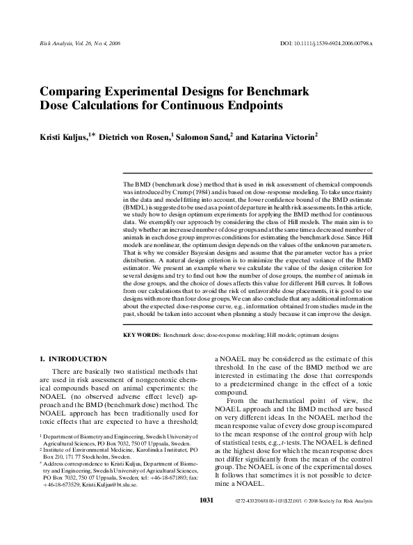(PDF) Comparing Experimental Designs for Benchmark Dose Calculations ...
