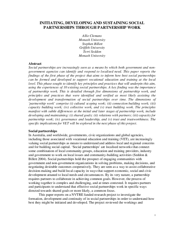(PDF) Initiating, developing and sustaining social partnerships through ...