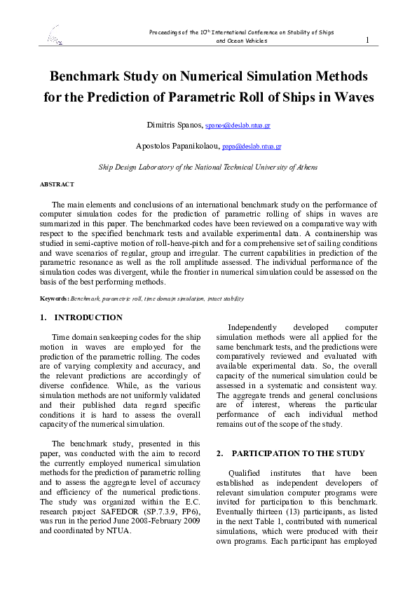 (PDF) Benchmark Study on Numerical Simulation Methods for the Prediction of Parametric Roll of ...