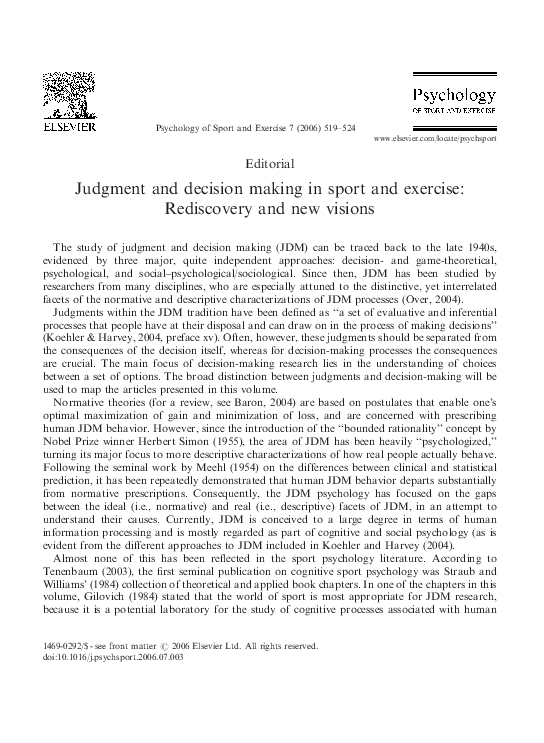 (PDF) Judgment and decision making in sport and exercise: Rediscovery ...