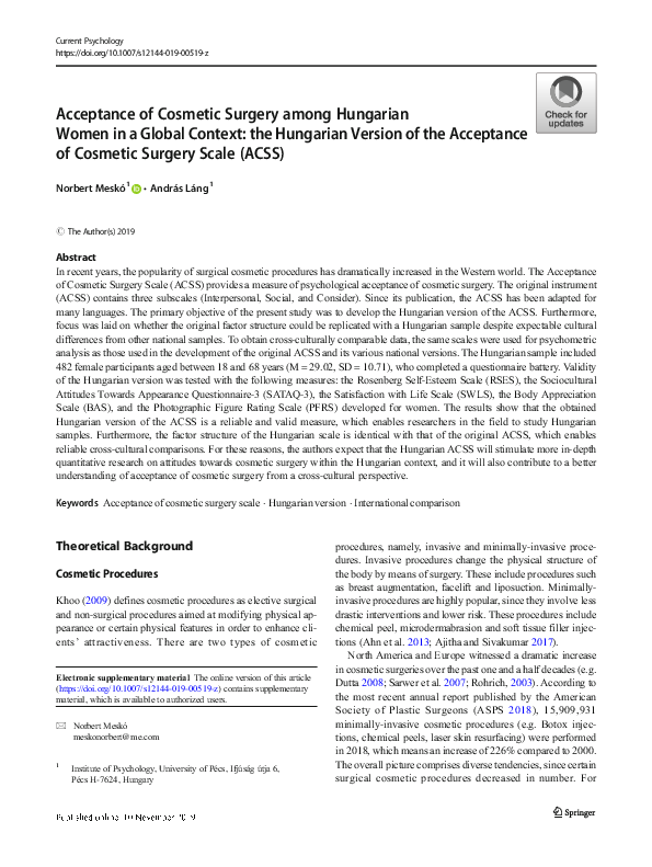 (PDF) Acceptance of Cosmetic Surgery among Hungarian Women in a Global ...
