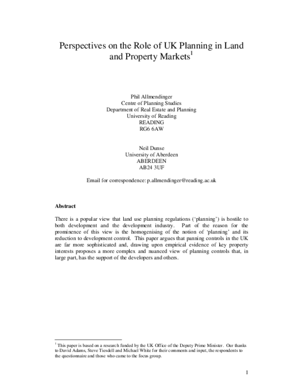 (PDF) Perspectives on the role of UK planning in land and property markets