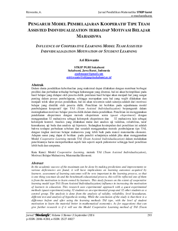 (PDF) Pengaruh Model Pembelajaran Kooperatif Tipe Team Assisted Individualization Terhadap ...