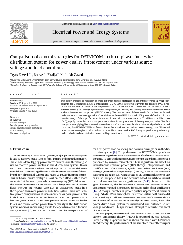 Pdf Comparison Of Control Strategies For Dstatcom In Three Phase Four Wire Distribution