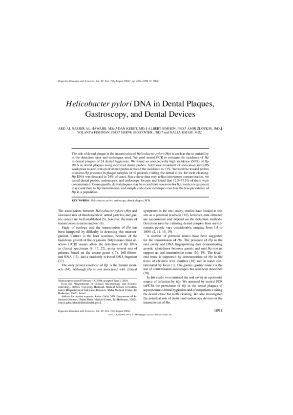 (PDF) Helicobacter pylori DNA in dental plaques, gastroscopy, and ...