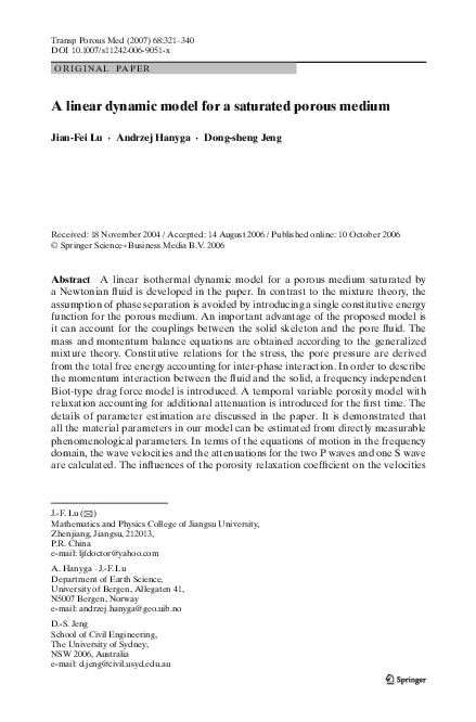 (PDF) A linear dynamic model for a saturated porous medium | Andrzej ...