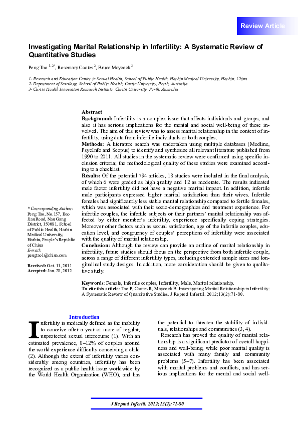 Pdf Investigating Marital Relationship In Infertility A Systematic