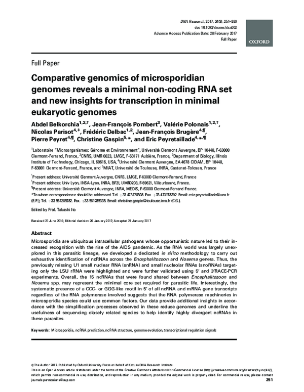 (PDF) Comparative genomics of microsporidian genomes reveals a minimal non-coding RNA set and ...