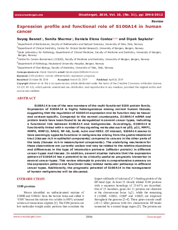 (PDF) Expression profile and functional role of S100A14 in human cancer