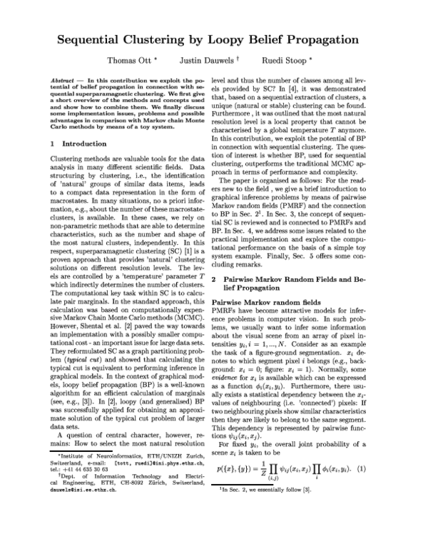 Pdf Sequential Clustering By Loopy Belief Propagation Ruedi Stoop