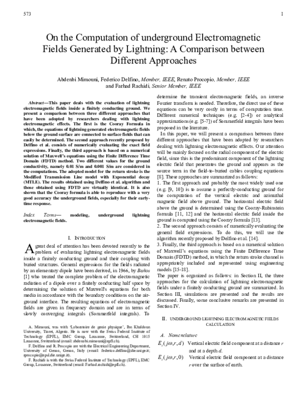 Pdf On The Computation Of Underground Electromagnetic Fields Generated By Lightning A