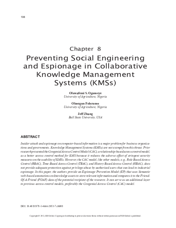 (PDF) Preventing Social Engineering and Espionage in Collaborative ... (PDF) Preventing Social Engineering and Espionage in Collaborative ...