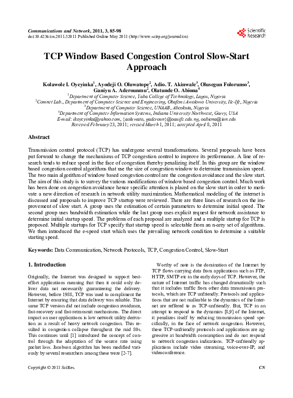 (PDF) TCP Window Based Congestion Control -Slow-Start Approach