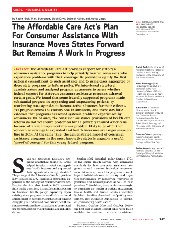 (PDF) The Affordable Care Act's Plan For Consumer Assistance With ...