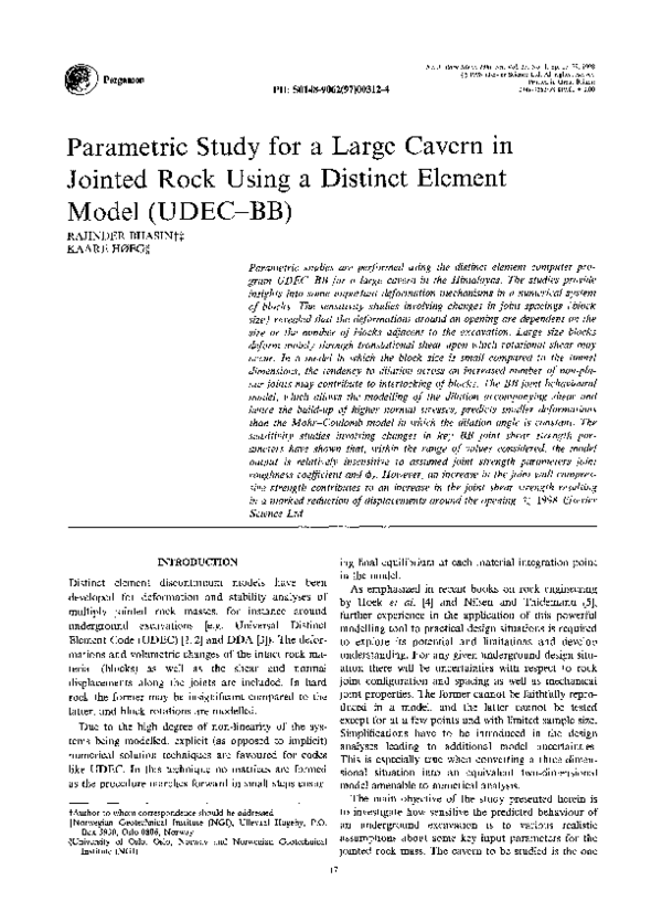 (PDF) Parametric study for a large cavern in jointed rock using a distinct element model (UDEC—BB)