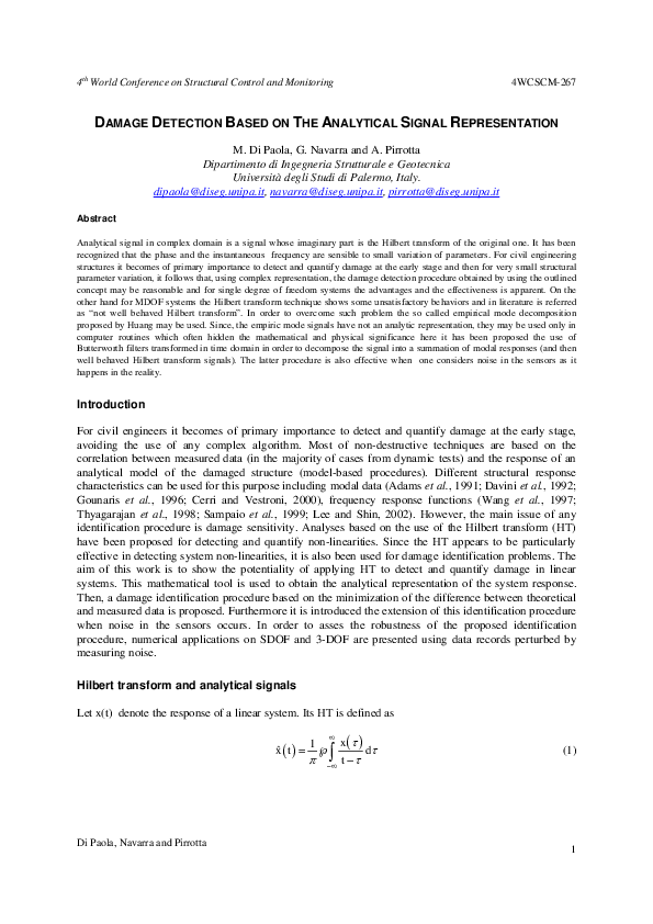 (PDF) Damage Detection Based on the Analytical Signal Representation