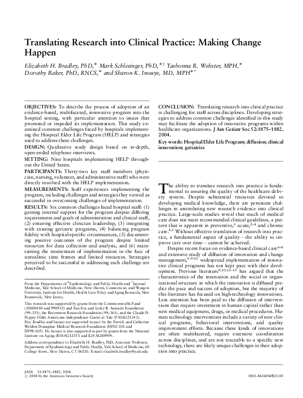 (PDF) Translating Research into Clinical Practice: Making Change Happen