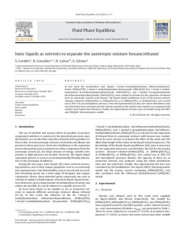 (PDF) Ionic liquids as solvents to separate the azeotropic mixture ...