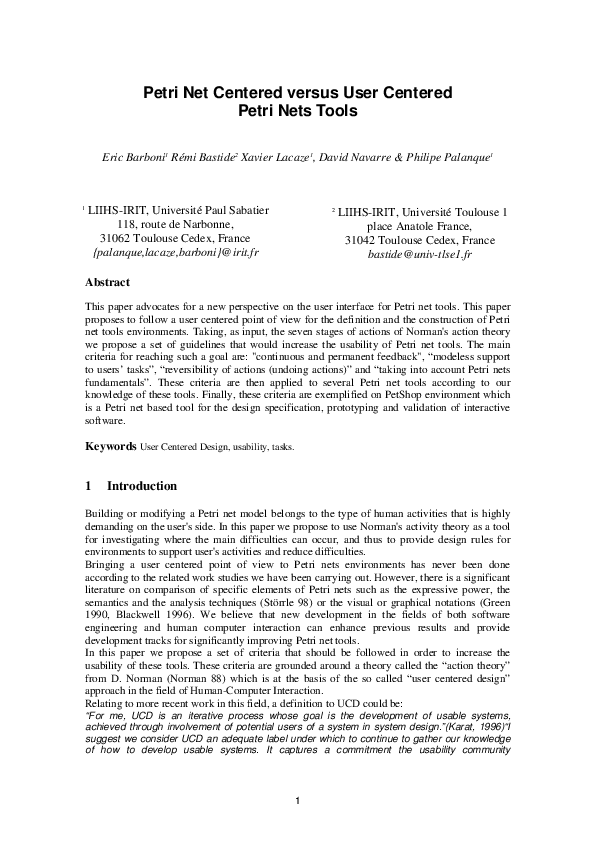 (PDF) Petri Net Centered versus User Centered Petri Nets Tools | Philippe Palanque - Academia.edu