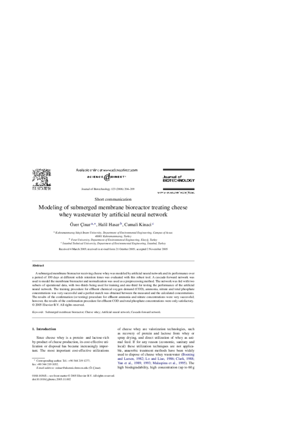 (PDF) Modeling of submerged membrane bioreactor treating cheese whey wastewater by artificial ...