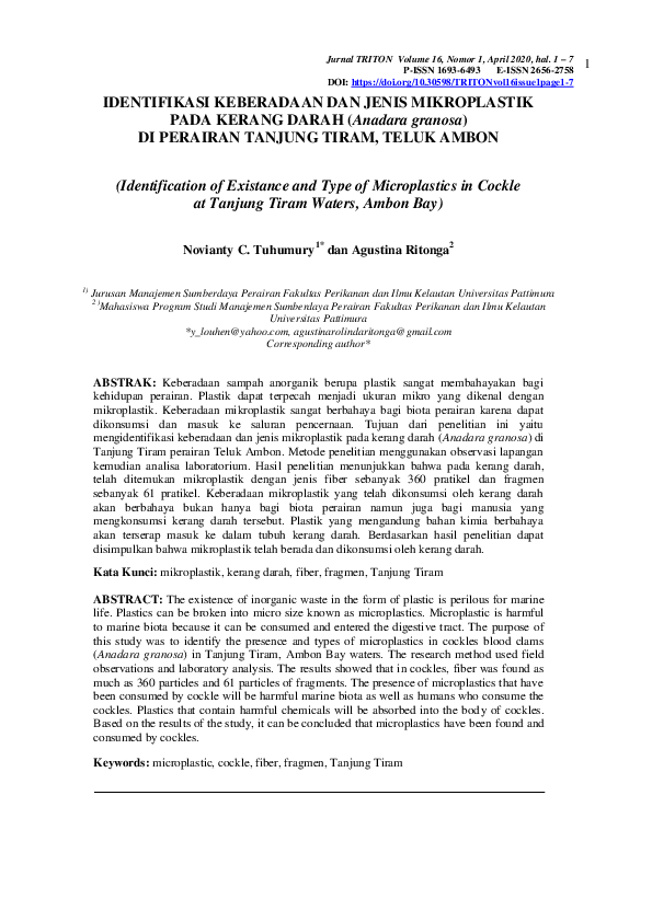 (PDF) IDENTIFIKASI KEBERADAAN DAN JENIS MIKROPLASTIK PADA KERANG DARAH ...