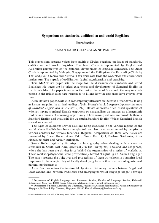 (PDF) Symposium on Standards, Codification and World Englishes ...
