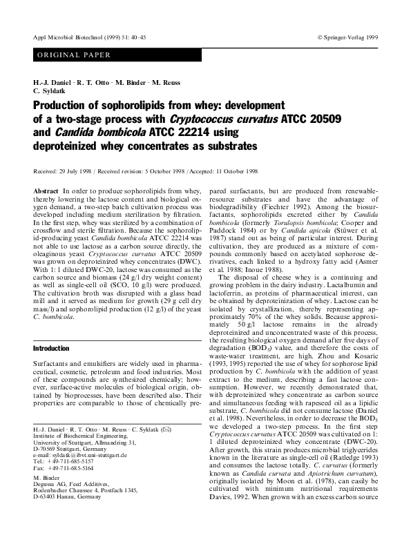 (PDF) Production of sophorolipids from whey: development of a two-stage ...