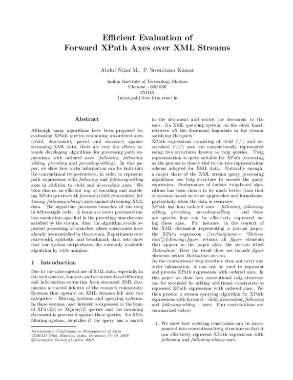 (PDF) Efficient Evaluation of Forward XPath Axes over XML Streams
