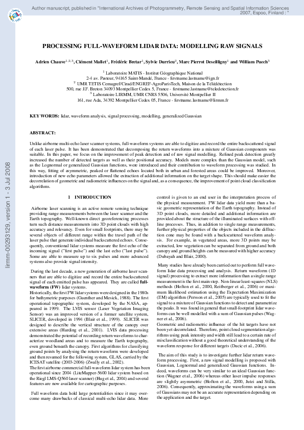 Pdf Processing Full Waveform Lidar Data Modelling Raw Signals