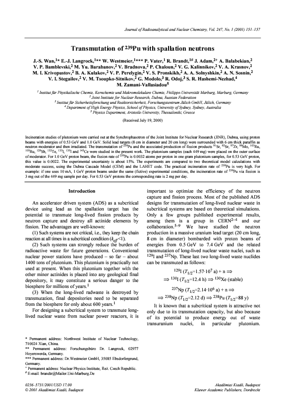 (PDF) Transmutation of 239Pu with spallation neutrons