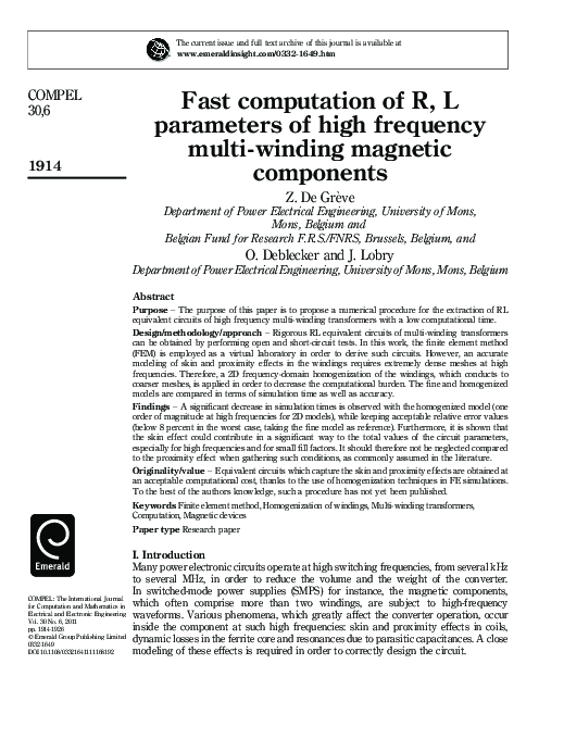 Pdf Fast Computation Of R L Parameters Of High Frequency Multi Winding Magnetic Components