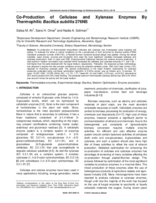 (PDF) Co-Production of Cellulase and Xylanase Enzymes By Thermophilic Bacillus subtilis 276NS