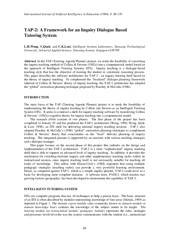 (PDF) TAP-2: a framework for an inquiry dialogue based tutoring system