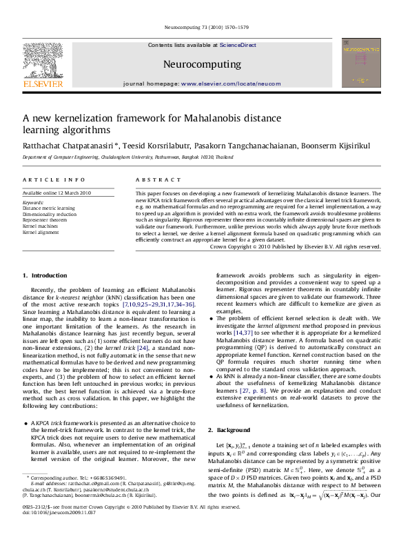 (PDF) A new kernelization framework for Mahalanobis distance learning ...