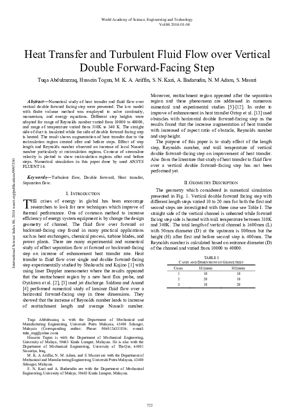 (PDF) Heat Transfer and Turbulent Fluid Flow over Vertical Double Forward-Facing Step | Dr ...