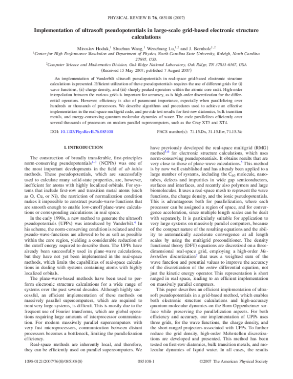 Pdf Implementation Of Ultrasoft Pseudopotentials In Large Scale Grid Based Electronic