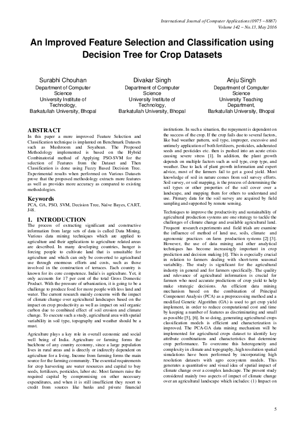 Pdf An Improved Feature Selection And Classification Using Decision Tree For Crop Datasets