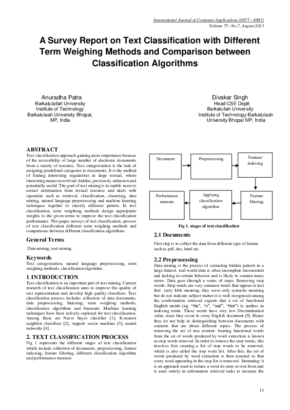 Pdf A Survey Report On Text Classification With Different Term Weighing Methods And Comparison