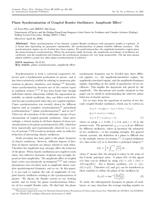 (PDF) Phase Synchronization of Coupled Rossler Oscillators: Amplitude Effect